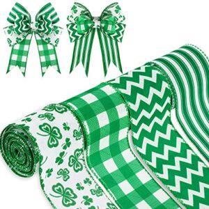 whaline 4 rolls st patrick’s day wired ribbon plaid shamrock stripe crease ribbon linen like polyester green white irish wrapping ribbon for home birthday craft decoration gift bow, 2inch x 5 yards