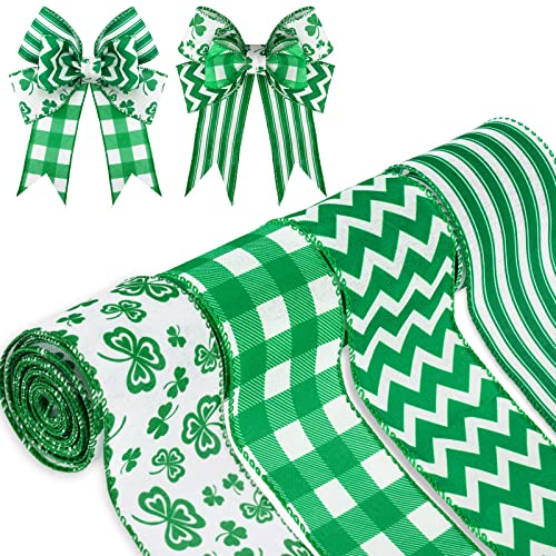 Whaline 4 Rolls St Patrick's Day Wired Ribbon Plaid Shamrock Stripe Crease Ribbon Linen Like Polyester Green White Irish Wrapping Ribbon for Home Birthday Craft Decoration Gift Bow, 2inch x 5 Yards