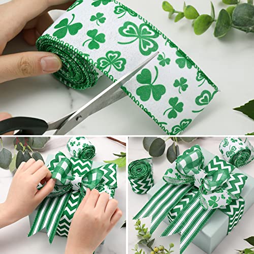 Whaline 4 Rolls St Patrick's Day Wired Ribbon Plaid Shamrock Stripe Crease Ribbon Linen Like Polyester Green White Irish Wrapping Ribbon for Home Birthday Craft Decoration Gift Bow, 2inch x 5 Yards