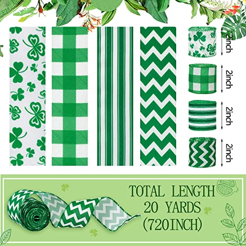 Whaline 4 Rolls St Patrick's Day Wired Ribbon Plaid Shamrock Stripe Crease Ribbon Linen Like Polyester Green White Irish Wrapping Ribbon for Home Birthday Craft Decoration Gift Bow, 2inch x 5 Yards