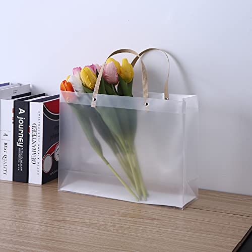 ywbag Clear Gift Bags With Handles, Reusable White Frosted Plastic Bags for Gifts Bags, Boutiques Bags, Parties Bags, Events Bags 10.2" x13" x4" 10 Pcs