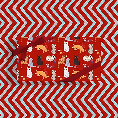 Reversible Gift Wrapping Paper-Rolled 5 Sheets-Cat-Includes Ribbon and Double-sided Tape-Unique Design for Anniversary Birthdays Valentine's Day Party Christmas Holiday Present(33"" X 17.5"" each sheet)