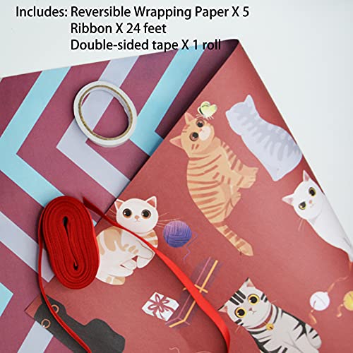 Reversible Gift Wrapping Paper-Rolled 5 Sheets-Cat-Includes Ribbon and Double-sided Tape-Unique Design for Anniversary Birthdays Valentine's Day Party Christmas Holiday Present(33"" X 17.5"" each sheet)