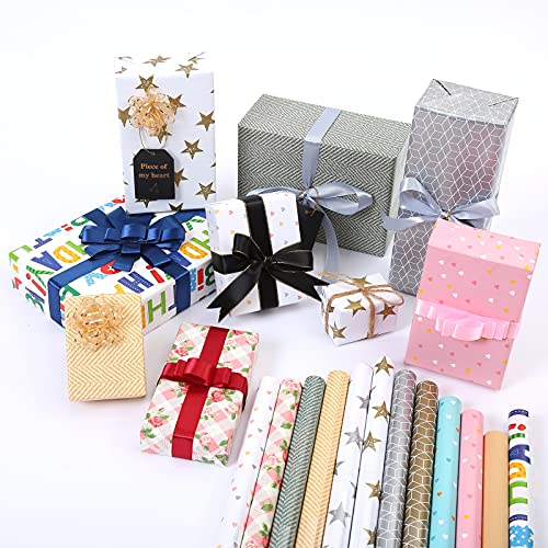 Bromwic Gift Wrapping Paper Roll, 4 Rolls 39 Inch X 18 Inch Per Roll Different Print Design Wrap Paper for Birthday, Christmas, Wedding (Five-pointed star)