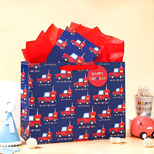 WRAPAHOLIC 13" Large Gift Bag with Card and Tissue Paper - Car Design Happy Birthday