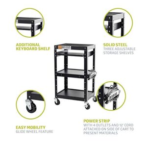 Pearington AV Presentation Cart Stand for Video Projector, TV, Laptop Computers, Printers, Metal Construction Rolling Storage Cart with Adjustable Shelves, 4 Wheels, 4 Outlets, 12ft Cord, Black