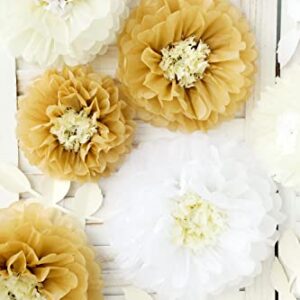 Fonder Mols Tissue Paper Chrysanth Flowers Paper Leaves DIY Crafting for Rustic Wedding Backdrop Baby Shower Nursery Decorations (Set of 15, Khaki Ivory White)