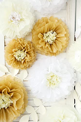 Fonder Mols Tissue Paper Chrysanth Flowers Paper Leaves DIY Crafting for Rustic Wedding Backdrop Baby Shower Nursery Decorations (Set of 15, Khaki Ivory White)