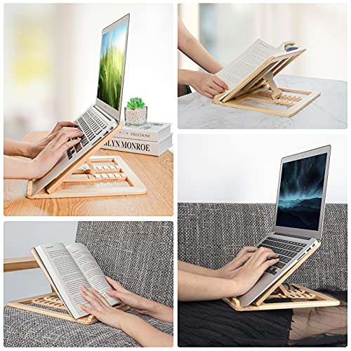 Skoioje Wooden Laptop Stand, Foldable Wood Laptop Riser Adjustable Computer Wooden MacBook Stand for Desk Portable Universal Notebook Laptop Holder with Multiple Angles for Laptops Up to 15.6 inches