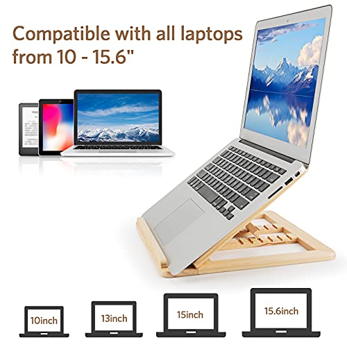 Skoioje Wooden Laptop Stand, Foldable Wood Laptop Riser Adjustable Computer Wooden MacBook Stand for Desk Portable Universal Notebook Laptop Holder with Multiple Angles for Laptops Up to 15.6 inches