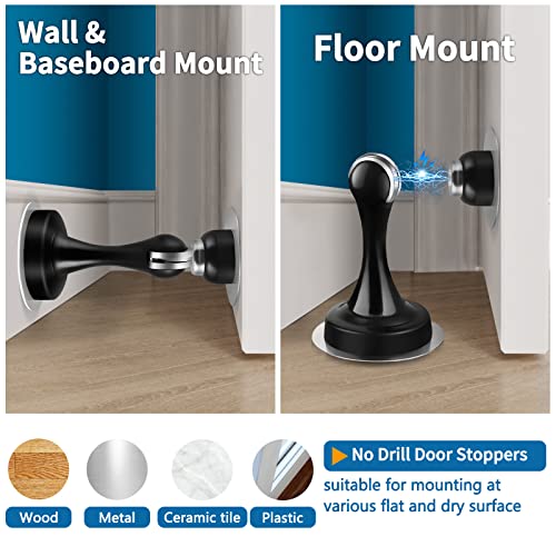 Door Stop,(2 Pack) Magnetic Door Stopper,Stainless Steel Door Catch Door Holder, Doorstop, 3M Double-Sided Adhesive Tape No Need to Drill, Black