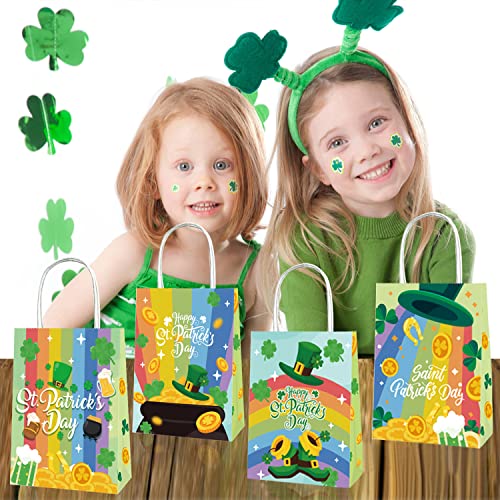 sorkwo 12 Pack St. Patrick's Day Gift Bags with Handle, Shamrock Theme Party Gift Bag Irish Clover Holiday Gift Bags for St. Patrick's Day Party Favors Supplies (St. Patrick's Day Gift Bags)