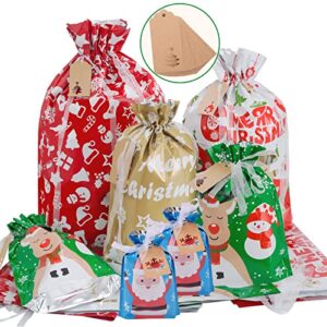 40pcs drawstrings christmas gift bags assorted sizes, holiday gift bag bulk christmas bags for gifts wrapping, reusable plastic xmas presents party favor goody bags jumbo/extra large/medium/small