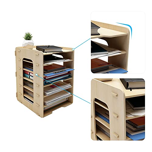 PUNCIA 7Tiers Lengthways Wood Office Paper Organizer for Desk Desktop File Holder Stackable Letter Tray Legal A4 Paper Sorter Document Book Magazine Mail Storage Shelf Rack Desk Literature Organizer