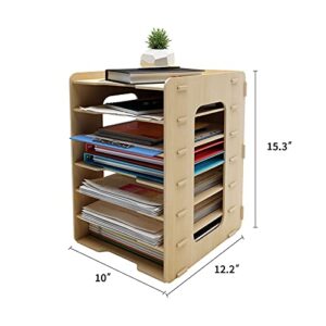 PUNCIA 7Tiers Lengthways Wood Office Paper Organizer for Desk Desktop File Holder Stackable Letter Tray Legal A4 Paper Sorter Document Book Magazine Mail Storage Shelf Rack Desk Literature Organizer