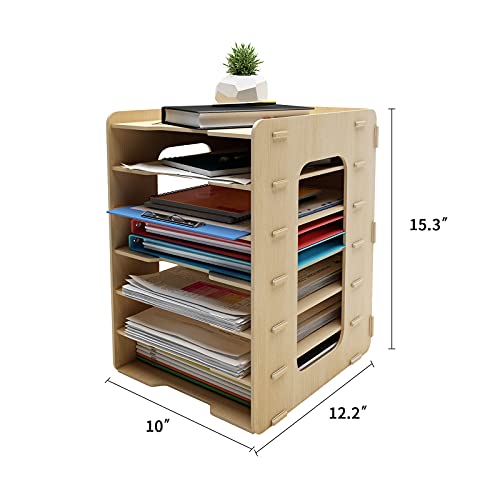 PUNCIA 7Tiers Lengthways Wood Office Paper Organizer for Desk Desktop File Holder Stackable Letter Tray Legal A4 Paper Sorter Document Book Magazine Mail Storage Shelf Rack Desk Literature Organizer