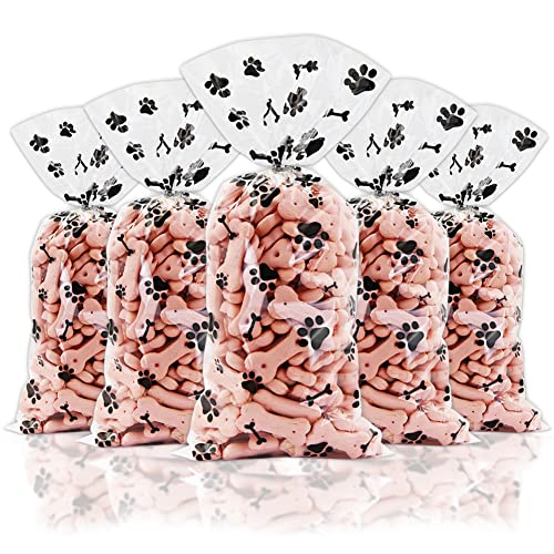 100 Pieces Pet Paw Bone Print Cellophane Bags, Dog Puppy Pet Gift Bags with Silver Twist Ties, Cellophane Treat Bags for Candy Cookie Chocolate Nuts Birthday Party Favor Goody Bags