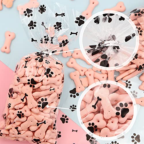 100 Pieces Pet Paw Bone Print Cellophane Bags, Dog Puppy Pet Gift Bags with Silver Twist Ties, Cellophane Treat Bags for Candy Cookie Chocolate Nuts Birthday Party Favor Goody Bags