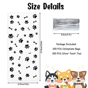 100 Pieces Pet Paw Bone Print Cellophane Bags, Dog Puppy Pet Gift Bags with Silver Twist Ties, Cellophane Treat Bags for Candy Cookie Chocolate Nuts Birthday Party Favor Goody Bags