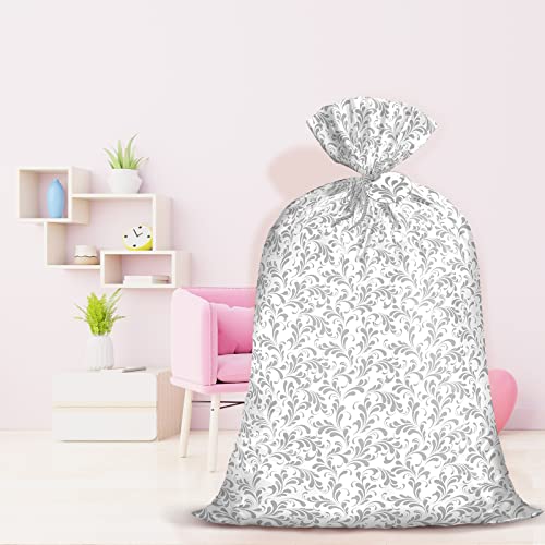 WRAPAHOLIC 56" Large Plastic Gift Bag - Silver Floral Design for Birthdays, Mother's Day, Wedding, Baby Shower, Parties, or Any Occasion - 56" H x 36" W