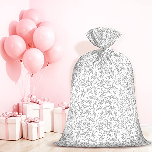 WRAPAHOLIC 56" Large Plastic Gift Bag - Silver Floral Design for Birthdays, Mother's Day, Wedding, Baby Shower, Parties, or Any Occasion - 56" H x 36" W