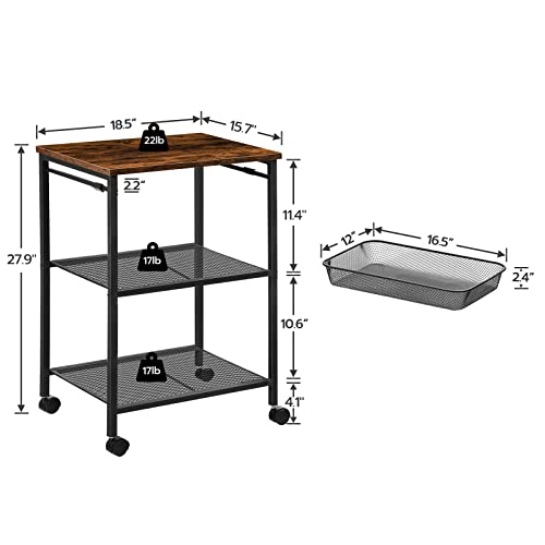 HOOBRO Mobile Printer Stand, 3-Tier Printer Cart with Storage Shelf, Adjustable Metal Mesh Basket, Printer Table on Wheels, Industrial Style in Home Office, Rustic Brown and Black BF23PS01