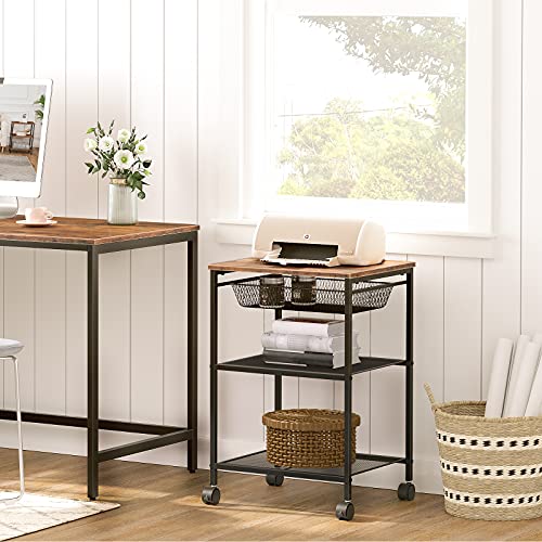 HOOBRO Mobile Printer Stand, 3-Tier Printer Cart with Storage Shelf, Adjustable Metal Mesh Basket, Printer Table on Wheels, Industrial Style in Home Office, Rustic Brown and Black BF23PS01