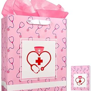 SICOHOME Nurse Gift Bag 13" Graduation Gift Bag with Tissue Paper and Greeting Card for Nurse Gifts for Women for Nurse Doctor Large Graduation Gift Bag with Nursing School Grads Medical School Graduate,Social Worker