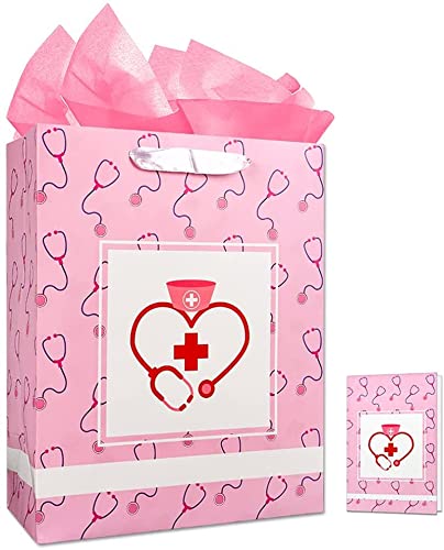 SICOHOME Nurse Gift Bag 13" Graduation Gift Bag with Tissue Paper and Greeting Card for Nurse Gifts for Women for Nurse Doctor Large Graduation Gift Bag with Nursing School Grads Medical School Graduate,Social Worker