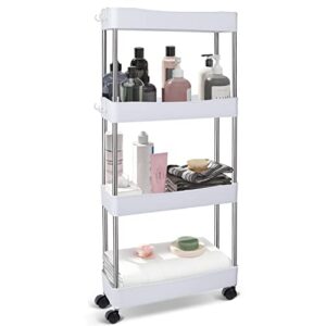 slim storage cart, 4 tier bathroom rolling utility cart storage organizer, white slide out rolling cart with wheels, rolling storage cart for kitchen bathroom laundry narrow places…