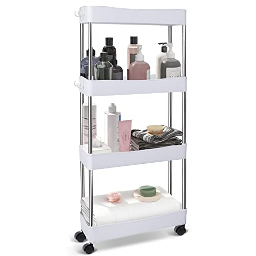 Slim Storage Cart, 4 Tier Bathroom Rolling Utility Cart Storage Organizer, White Slide Out Rolling Cart with Wheels, Rolling Storage Cart for Kitchen Bathroom Laundry Narrow Places…