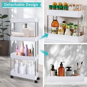 Slim Storage Cart, 4 Tier Bathroom Rolling Utility Cart Storage Organizer, White Slide Out Rolling Cart with Wheels, Rolling Storage Cart for Kitchen Bathroom Laundry Narrow Places…