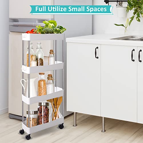 Slim Storage Cart, 4 Tier Bathroom Rolling Utility Cart Storage Organizer, White Slide Out Rolling Cart with Wheels, Rolling Storage Cart for Kitchen Bathroom Laundry Narrow Places…