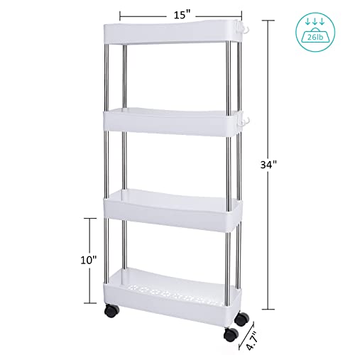 Slim Storage Cart, 4 Tier Bathroom Rolling Utility Cart Storage Organizer, White Slide Out Rolling Cart with Wheels, Rolling Storage Cart for Kitchen Bathroom Laundry Narrow Places…