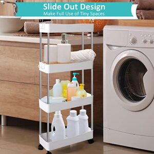 Slim Storage Cart, 4 Tier Bathroom Rolling Utility Cart Storage Organizer, White Slide Out Rolling Cart with Wheels, Rolling Storage Cart for Kitchen Bathroom Laundry Narrow Places…