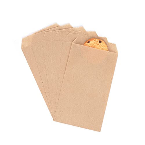 Quotidian Brown Small Flat Kraft Paper Bags 3x5 for Bakery Cookies Treat Candies Dessert Chocolate Soap Wedding Tossing, Stamps, Party Favor, Pack of 100 (3’’ x 5’’)