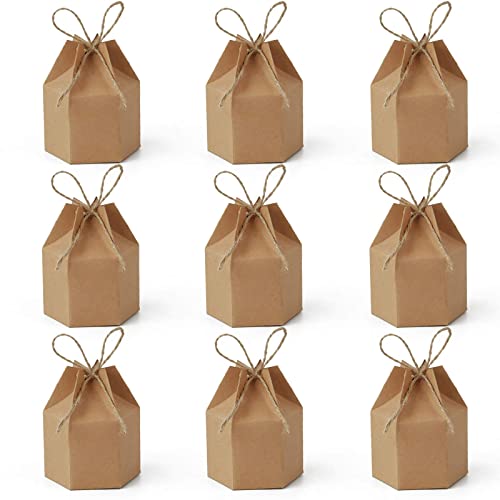 Samanter 50Pack Paper Gift Boxes Lantern Hexagon Kraft Paper Package Box with Twine Candy Chocolate Gift Packing Wrap for Wedding Party Christmas Brown