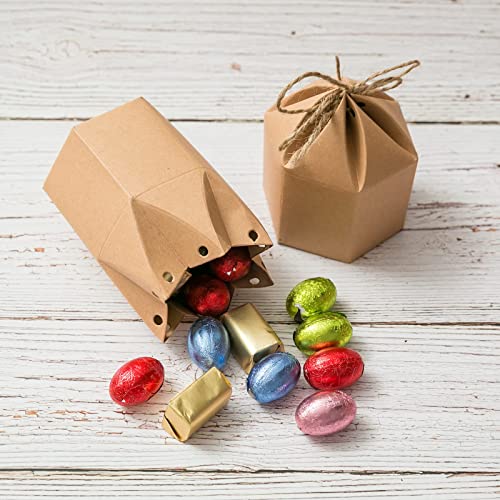 Samanter 50Pack Paper Gift Boxes Lantern Hexagon Kraft Paper Package Box with Twine Candy Chocolate Gift Packing Wrap for Wedding Party Christmas Brown