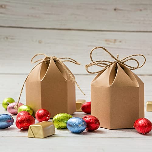 Samanter 50Pack Paper Gift Boxes Lantern Hexagon Kraft Paper Package Box with Twine Candy Chocolate Gift Packing Wrap for Wedding Party Christmas Brown