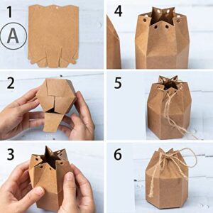 Samanter 50Pack Paper Gift Boxes Lantern Hexagon Kraft Paper Package Box with Twine Candy Chocolate Gift Packing Wrap for Wedding Party Christmas Brown