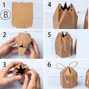 Samanter 50Pack Paper Gift Boxes Lantern Hexagon Kraft Paper Package Box with Twine Candy Chocolate Gift Packing Wrap for Wedding Party Christmas Brown