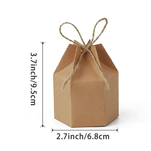 Samanter 50Pack Paper Gift Boxes Lantern Hexagon Kraft Paper Package Box with Twine Candy Chocolate Gift Packing Wrap for Wedding Party Christmas Brown