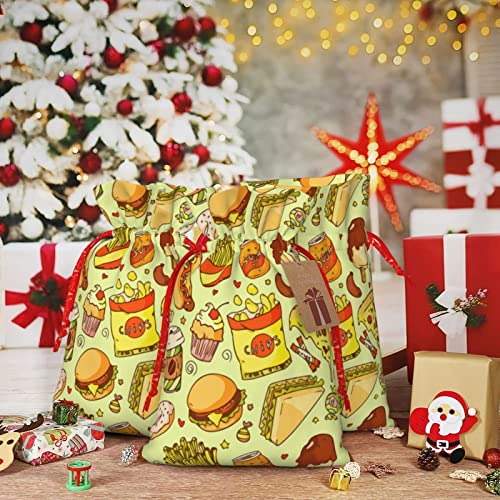 Drawstrings Christmas Gift Bags Funny-Fast-Food-Pizza Presents Wrapping Bags Xmas Gift Wrapping Sacks Pouches Medium