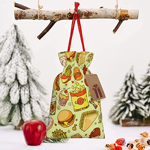 Drawstrings Christmas Gift Bags Funny-Fast-Food-Pizza Presents Wrapping Bags Xmas Gift Wrapping Sacks Pouches Medium