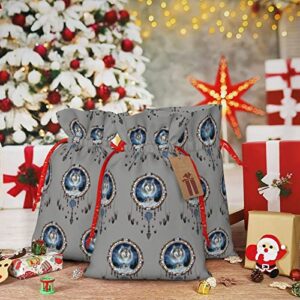 Drawstrings Christmas Gift Bags Indian-Catcher-Wolf-Grey Presents Wrapping Bags Xmas Gift Wrapping Sacks Pouches Medium