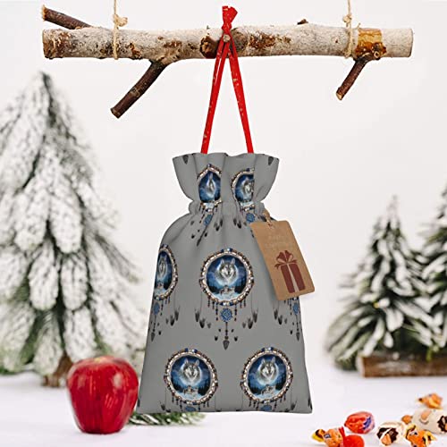 Drawstrings Christmas Gift Bags Indian-Catcher-Wolf-Grey Presents Wrapping Bags Xmas Gift Wrapping Sacks Pouches Medium