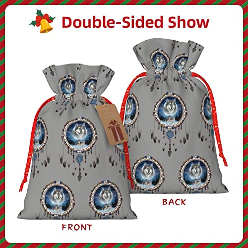 Drawstrings Christmas Gift Bags Indian-Catcher-Wolf-Grey Presents Wrapping Bags Xmas Gift Wrapping Sacks Pouches Medium