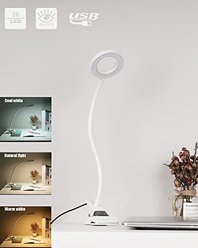 EYOCEAN LED Clip on Light Reading Light, USB Eye-Care Reading Light for Headboard, 3 Modes & 10 Dimming 7W Clamp Desk Lamp, 360°Flexible Gooseneck Night Light(Adapter Included), White