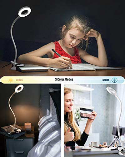 EYOCEAN LED Clip on Light Reading Light, USB Eye-Care Reading Light for Headboard, 3 Modes & 10 Dimming 7W Clamp Desk Lamp, 360°Flexible Gooseneck Night Light(Adapter Included), White