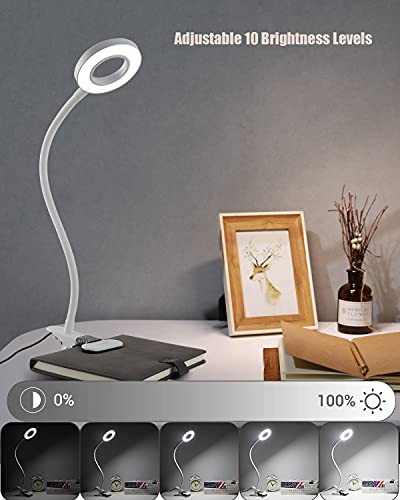 EYOCEAN LED Clip on Light Reading Light, USB Eye-Care Reading Light for Headboard, 3 Modes & 10 Dimming 7W Clamp Desk Lamp, 360°Flexible Gooseneck Night Light(Adapter Included), White